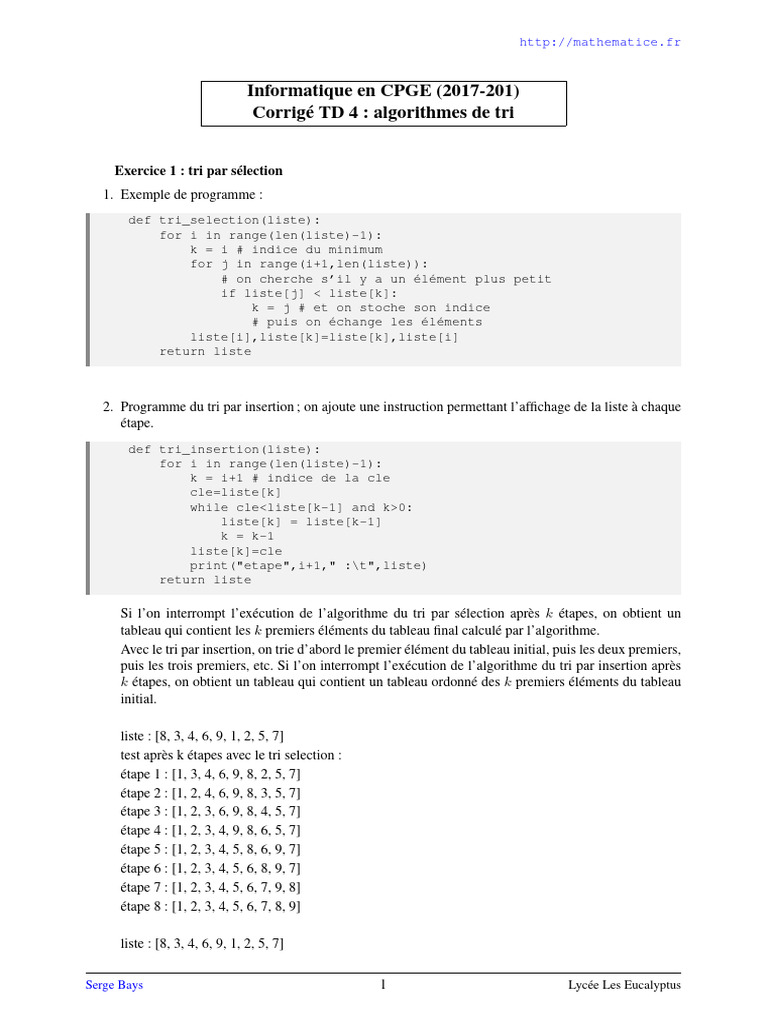 Correction TD Les algorithmes de tri | PDF | Informatique | Algorithmes