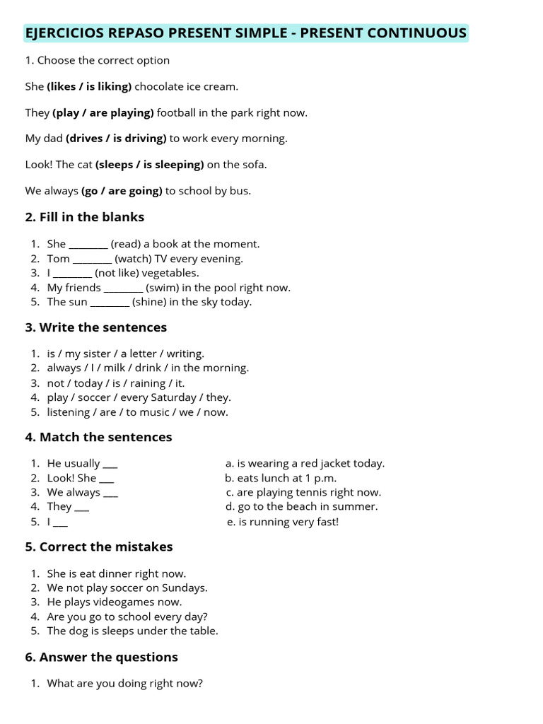 EJERCICIOS REPASO PRESENT SIMPLE - PRESENT CONTINUOUS | PDF | Lunch