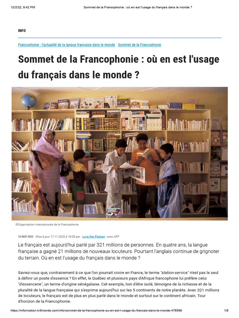 Sommet de La Francophonie - Où en Est L'usage Du Français Dans Le Monde ...