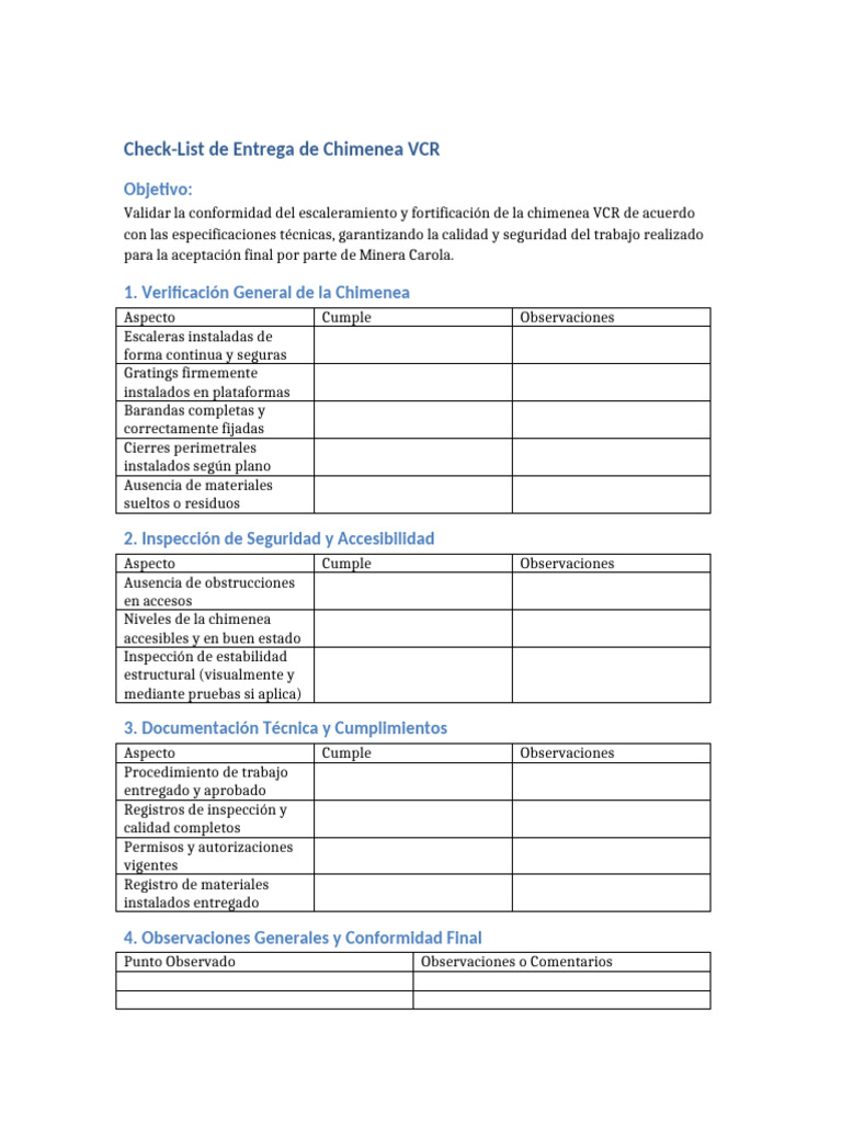Check-List Entrega Chimenea VCR | PDF