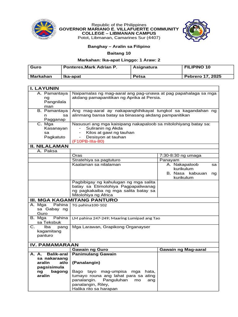 2 Araw Dlp-Filipino 10 | PDF