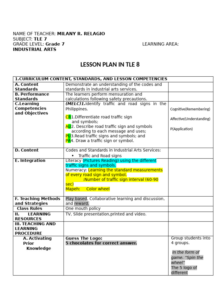 Grade 7 TLE Lesson Plan: Traffic Signs | PDF | Learning | Traffic