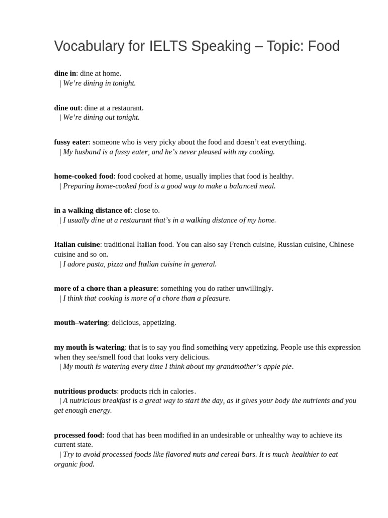 Vocabulary For IELTS Speaking - Food | PDF | Meal | Foods