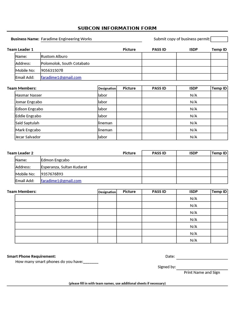Subcon Information Faradime.xlsx | PDF | Safety