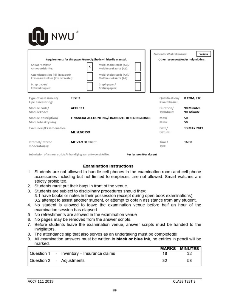 2019 ACCF 111 Class Test 3 | PDF | Debits And Credits | Financial Services