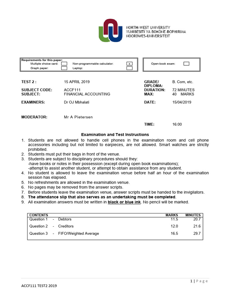 2019 ACCF 111 Class Test 2 | PDF | Business