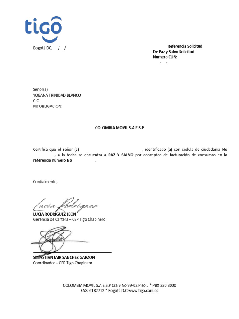 Paz y salvo Tigo-1 | PDF