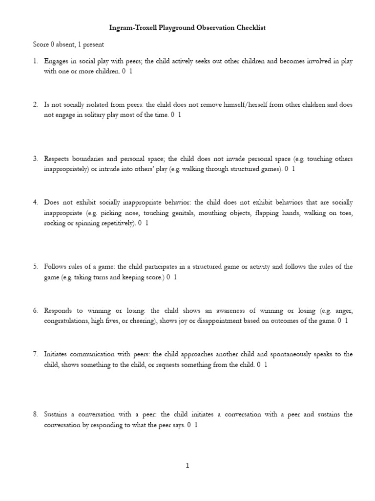 ASD Assessment Tool Observation Ingram-Troxell Playground Observation ...
