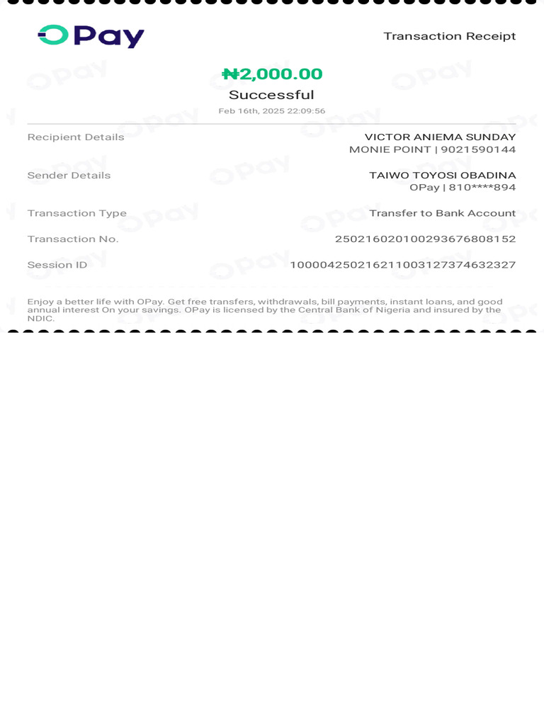 OPay Transfer Receipt: ₦2,000 Success | PDF
