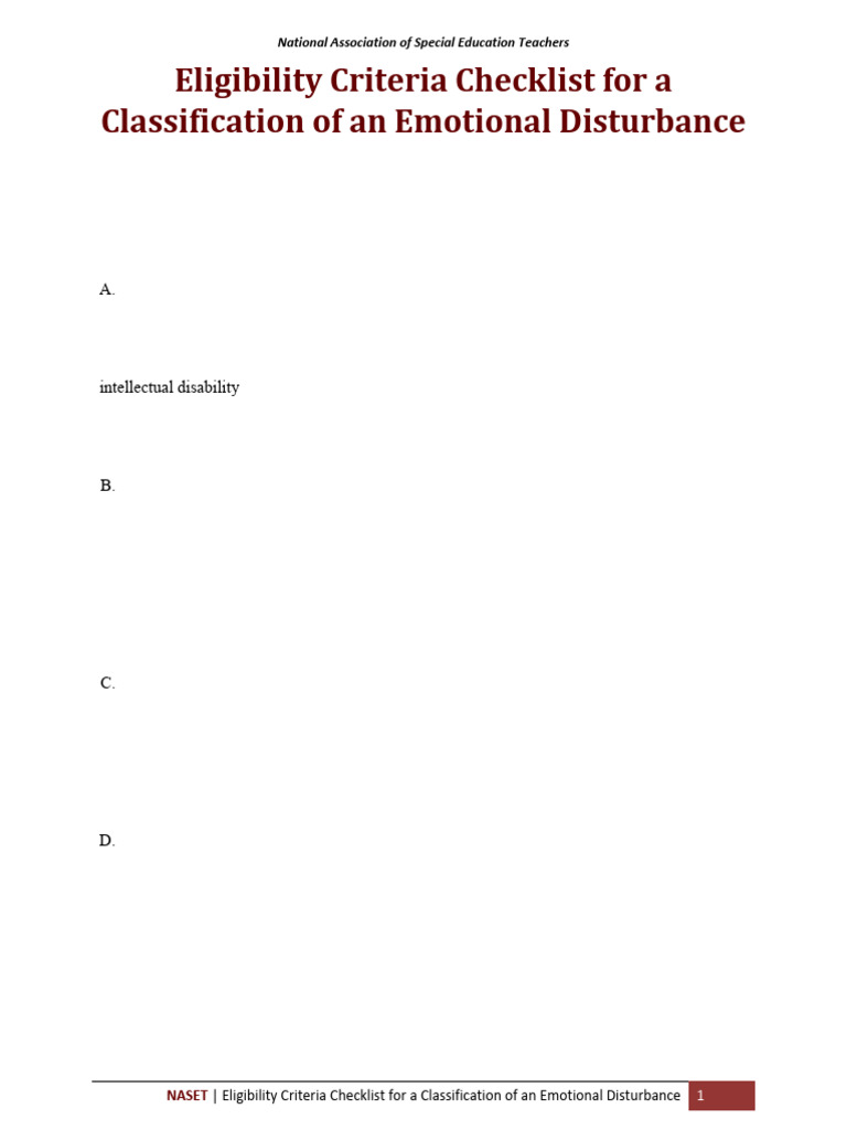 Eligibility Criteria Checklist Emot-Disturb | PDF | Major Depressive ...