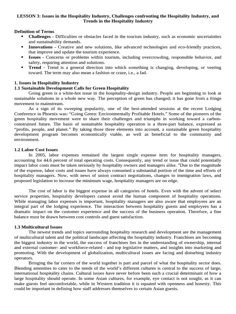 Lesson 3 Issues in The Hospitality Industry, Challenges Confronting The ...