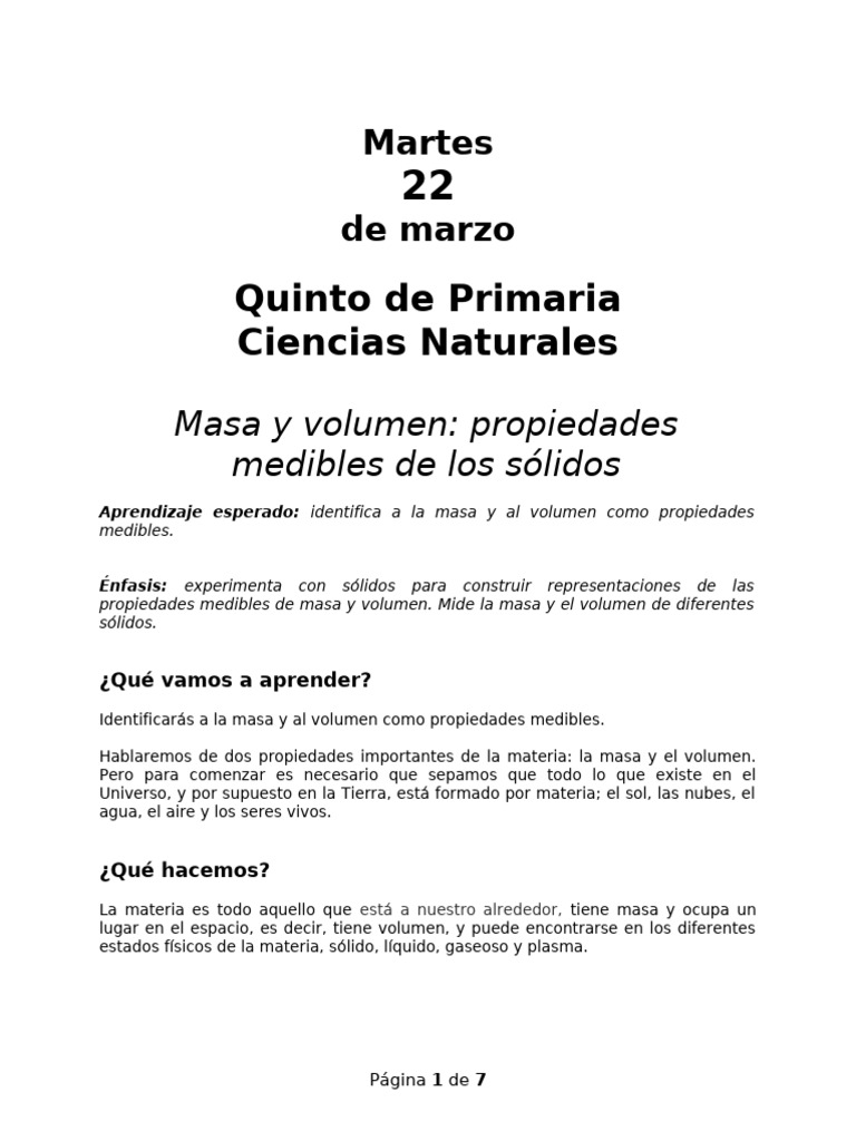 Masa y Volumen en Sólidos para Primaria | PDF | Gases | Volumen