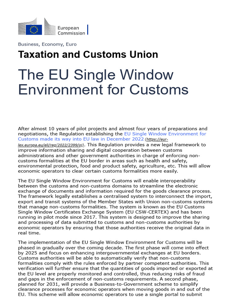 The EU Single Window Environment for Customs - European Commission | PDF | Customs | European Union