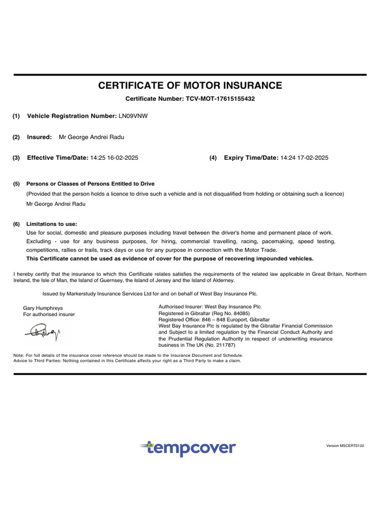 Certificate of Motor Insurance PDF | PDF | Vehicles | Transport