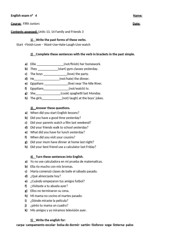English Exam n4 Family and Friends 3 | PDF