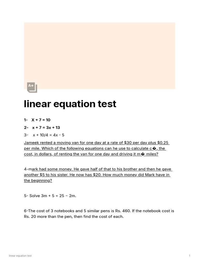 Linear Equation Practice Test | PDF