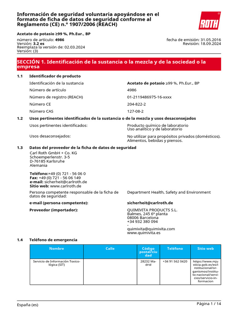 Ficha de Seguridad: Acetato de Potasio | PDF | Química