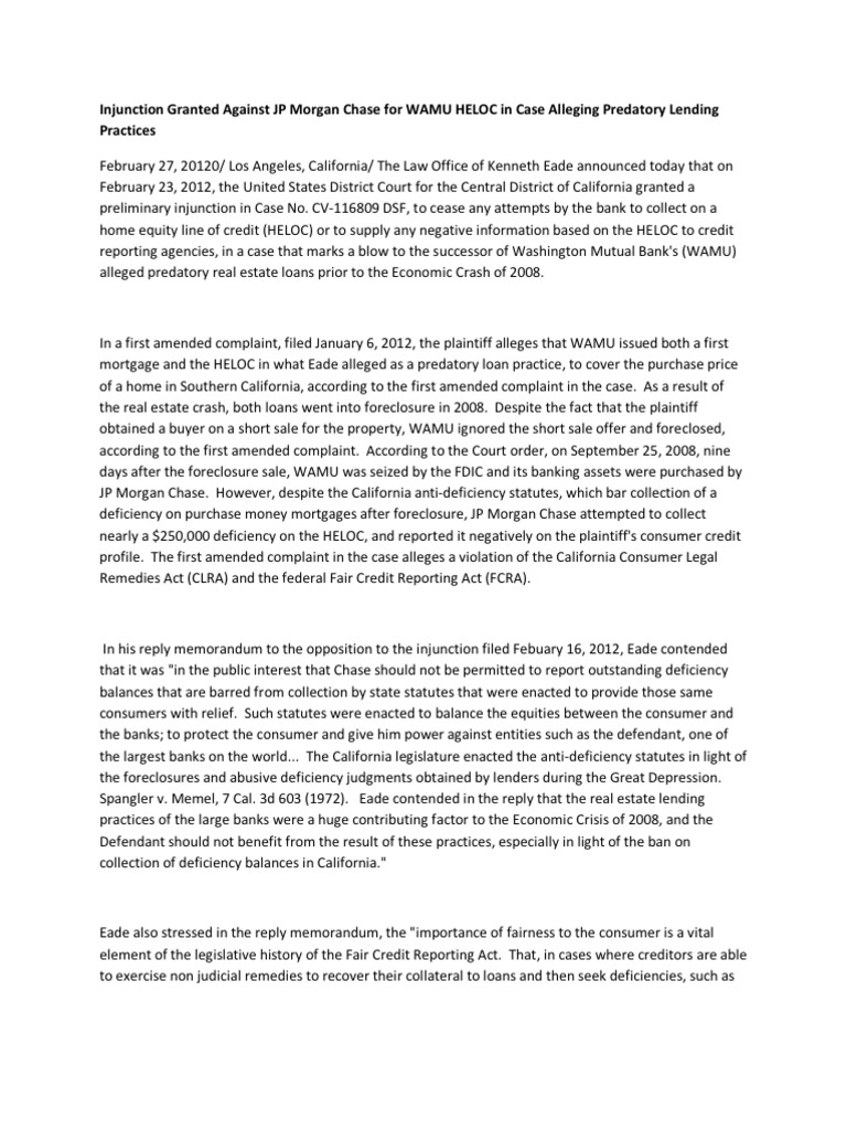 Injunction Granted Against JP Morgan Chase For WAMU HELOC in Case ...