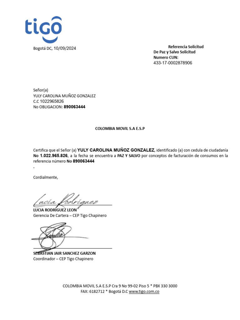 Paz y salvo Tigo | PDF