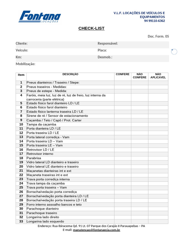 Form. 05 Check List Mob - Desm | PDF | Veículo motorizado | Veículos