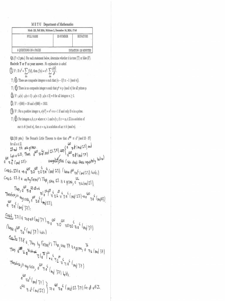 Solutions - MT2 - Math 123 - Fall 2024 | PDF