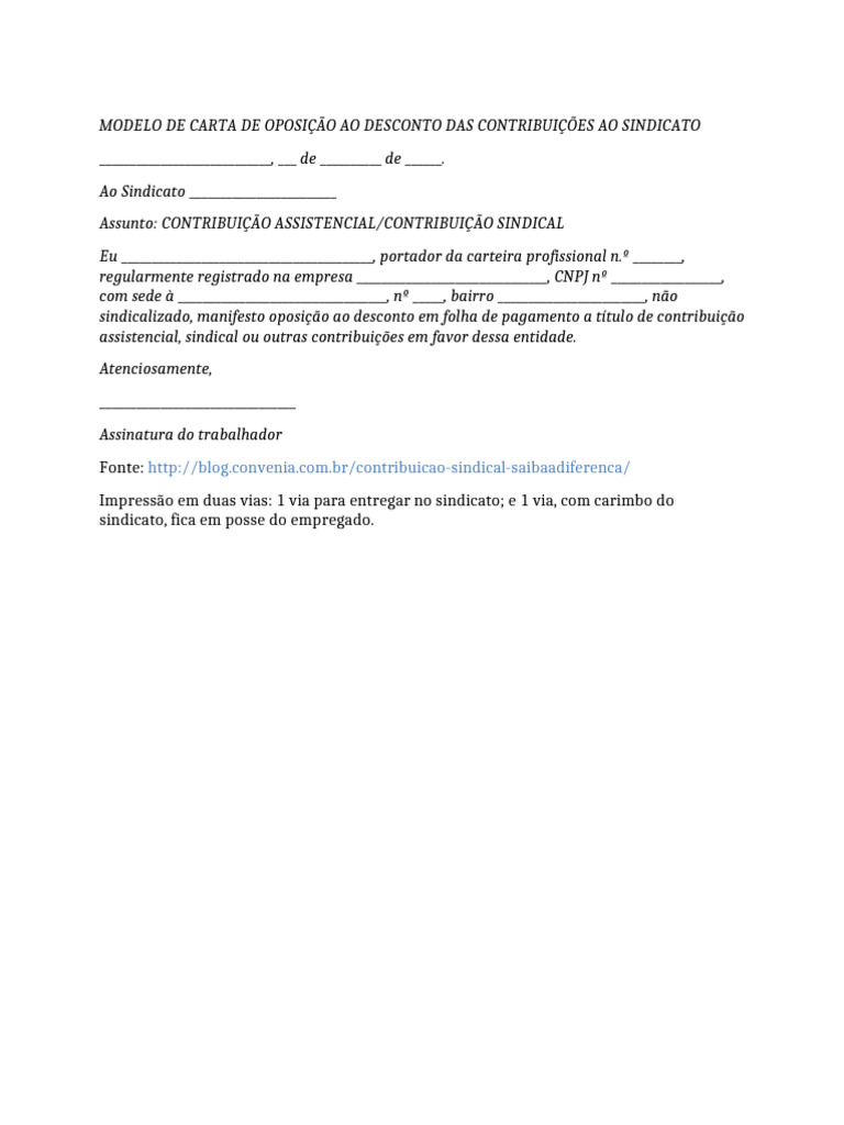 Modelo Carta de Oposicao Ao Desconto Das Contribuicoes Ao Sindicato | PDF