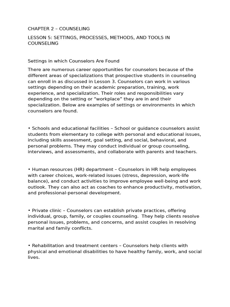 Counseling Settings and Types Explained | PDF | Psychotherapy | Drug ...