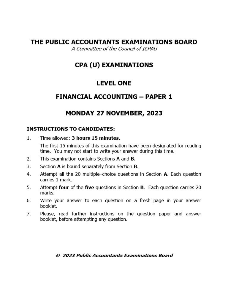 CPA (U) Financial Accounting Exam Paper | PDF | Debits And Credits ...