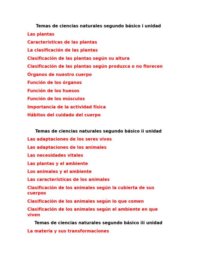 Temas de Ciencias Naturales 2° Básico | PDF