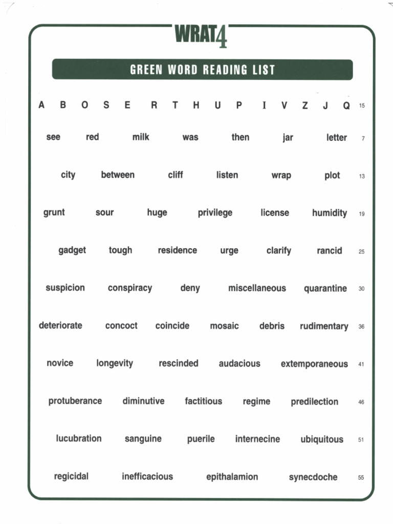 WRAT4 Green Word Reading List | PDF