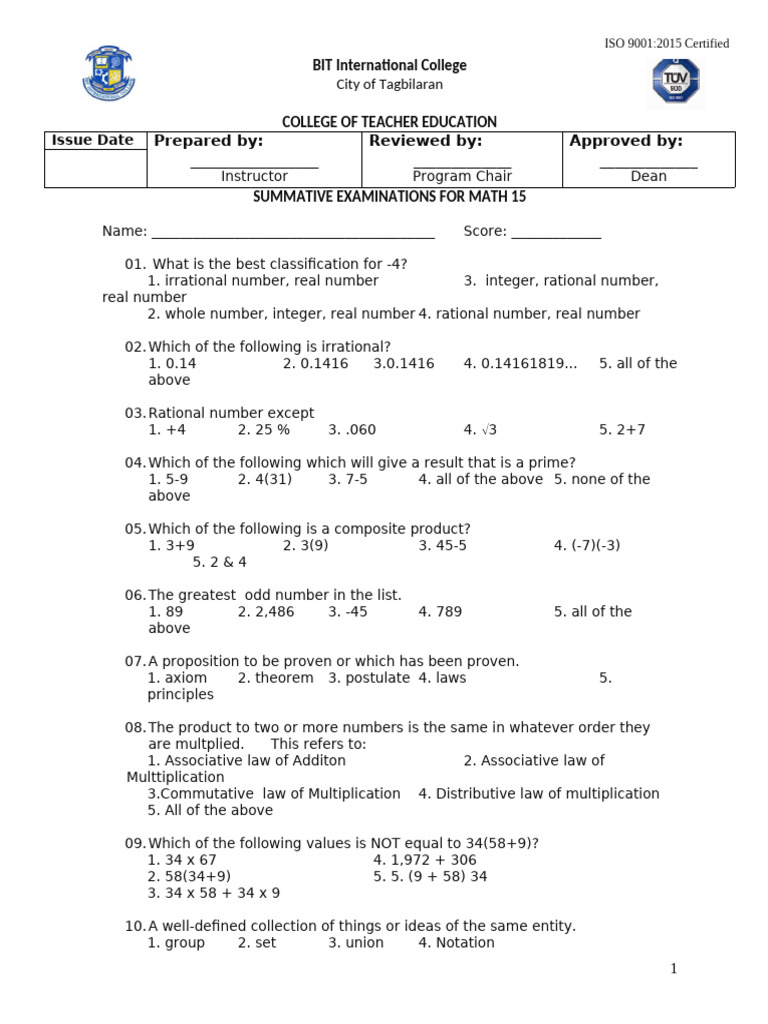 Math 15 Summative Test | PDF | Statistics | Arithmetic Mean Math 15 Summative Test | PDF | Statistics | Arithmetic Mean
