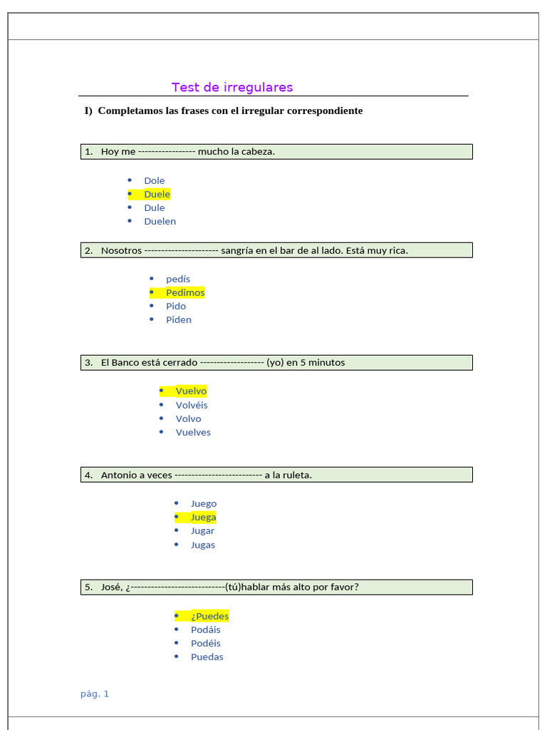 Test de verbos irregulares en español | PDF | Verbo