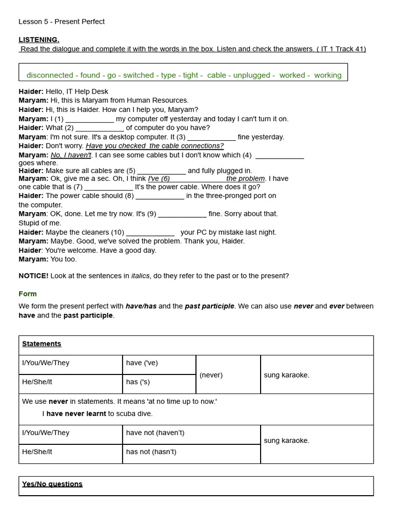 Present Perfect Grammar Lesson | PDF | Computing | Software