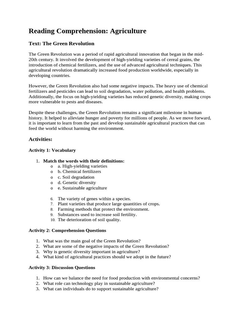 Reading Comprehension texts AGRICULTURE | PDF | Agriculture | Climate ...