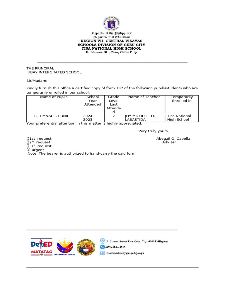 Jubay Integrated School Request Form | PDF
