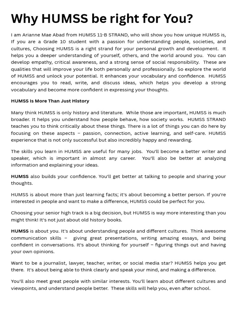 Why HUMSS Be Right For You - 20241125 - 115735 - 0000 | PDF | Thought ...