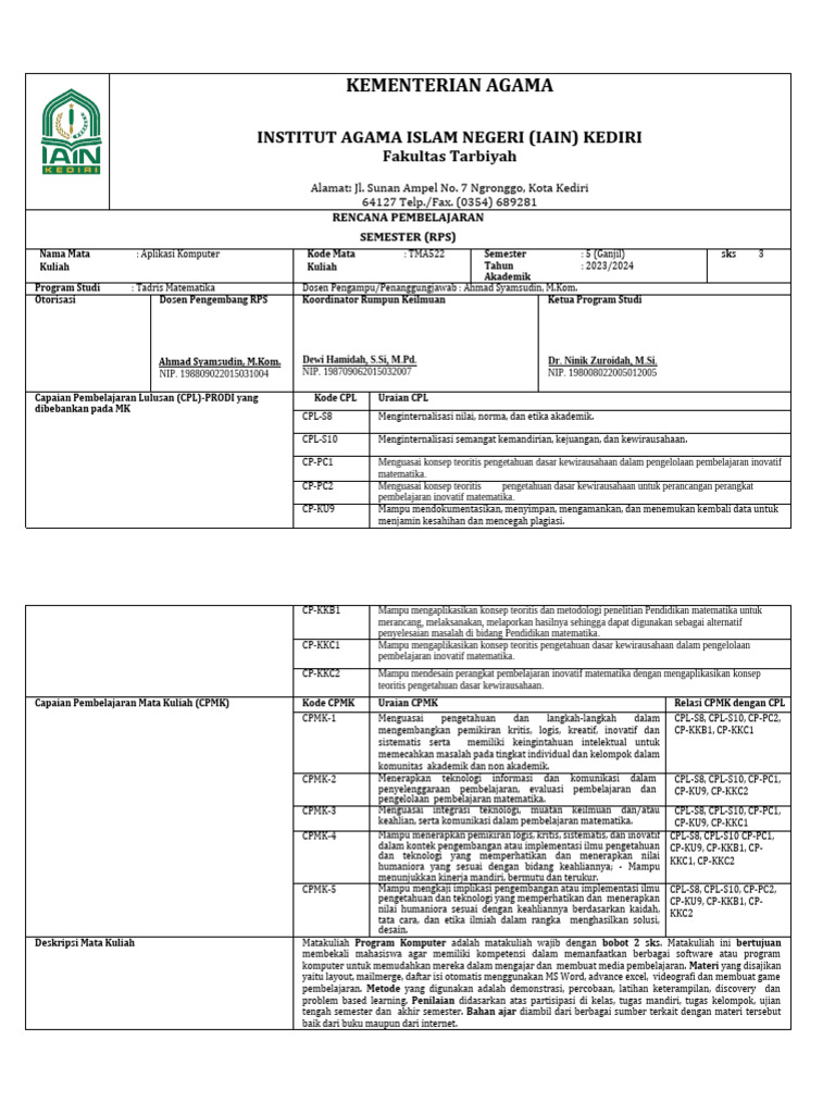 RPS Aplikasi Komputer (Obe) | PDF