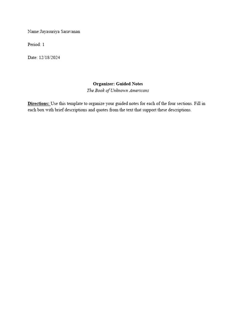 Guided Notes on "The Book of Unknown Americans" | PDF