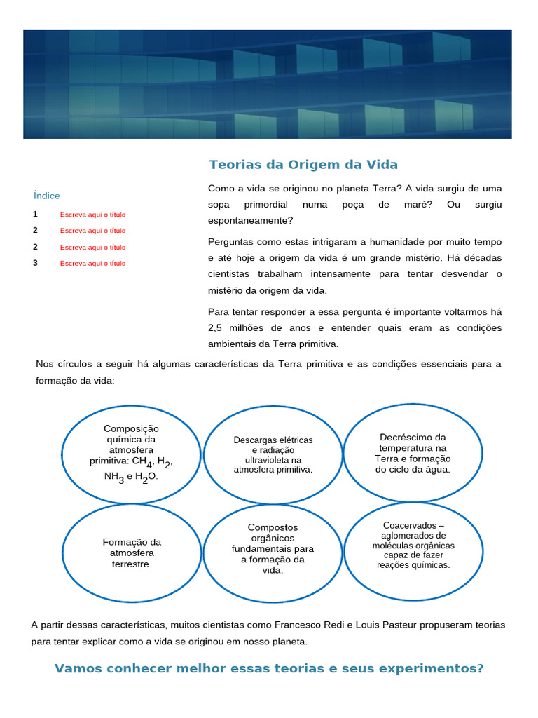 Teorias da Origem da Vida na Terra | PDF | Abiogênese | Vida