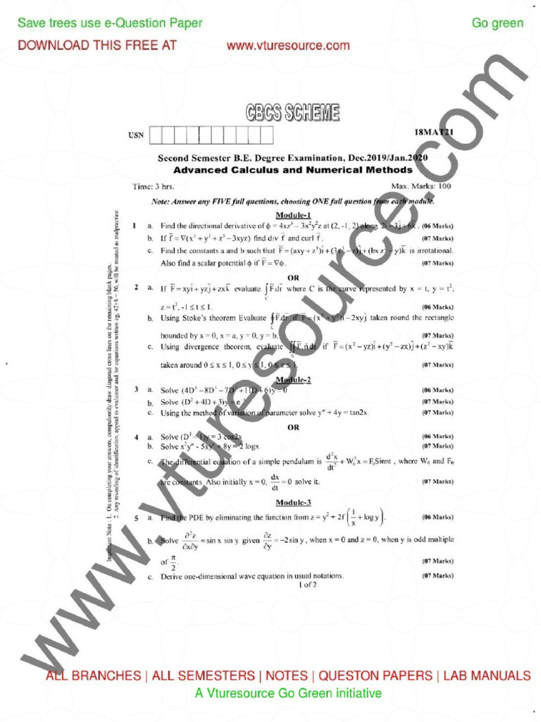 VTC 18MAT21 Advanced Calculus and Numerical Methods QP SCHEME | PDF