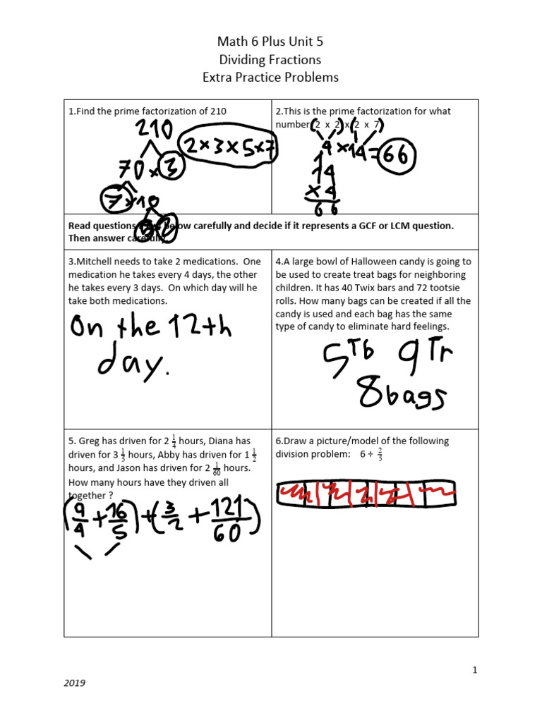Math 6 Plus Unit 5 Dividing Fractions Extra Practice Problems | PDF