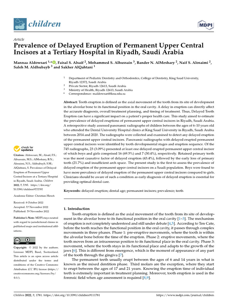 Prevalence of Delayed Eruption of Permanent Upper Central 2022 | PDF ...