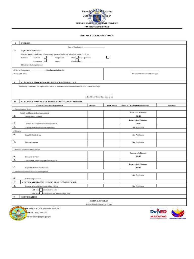 Masbate District Clearance Form | PDF