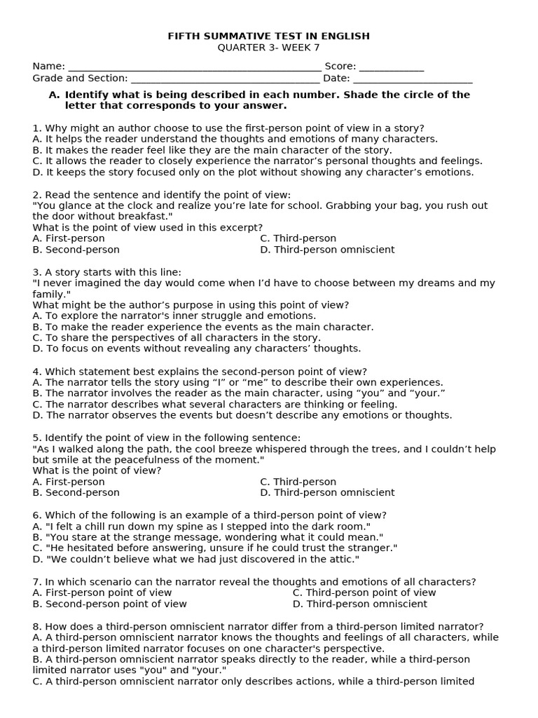 5th Grade English Summative Test | PDF | Narration