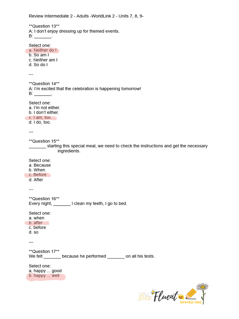 Review Intermediate 2 - Adults - WorldLink 2 - Units 7, 8, 9 | PDF