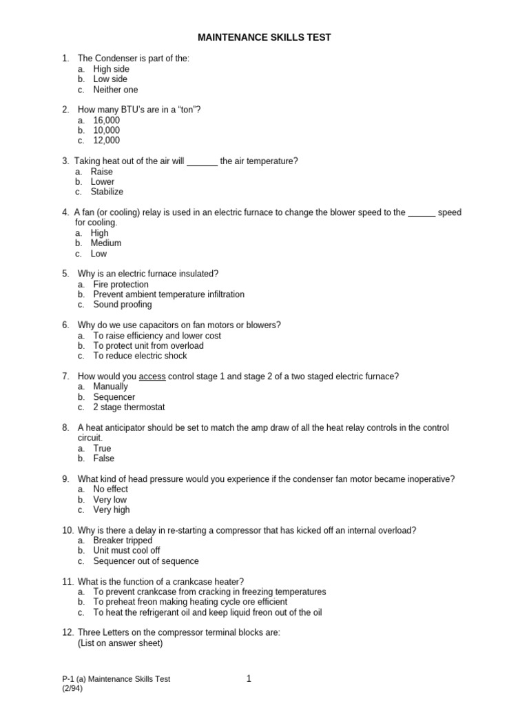 P-1 (a) Maintenance Skills Test | PDF | Refrigerator | Water Heating