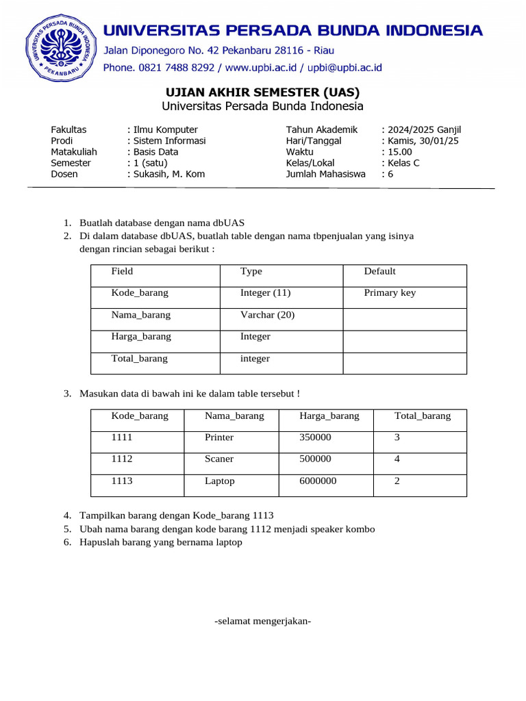 UAS Basis Data: Tugas dan Instruksi | PDF