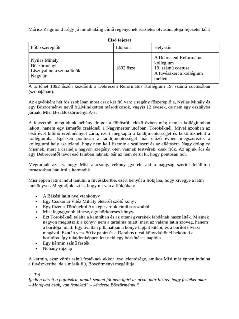 Móricz Zsigmond: Légy Jó Mindhalálig-Olvasónapló 1-6. Fejezet | PDF