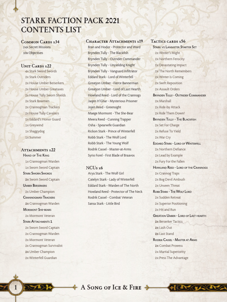 Stark Faction Pack 2021 Contents List | PDF | Literary Characters ...
