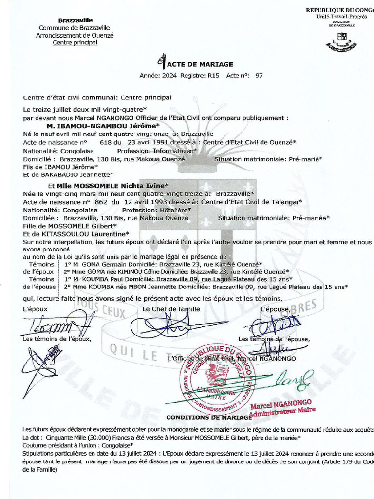 Acte de Mariage Congolais | PDF